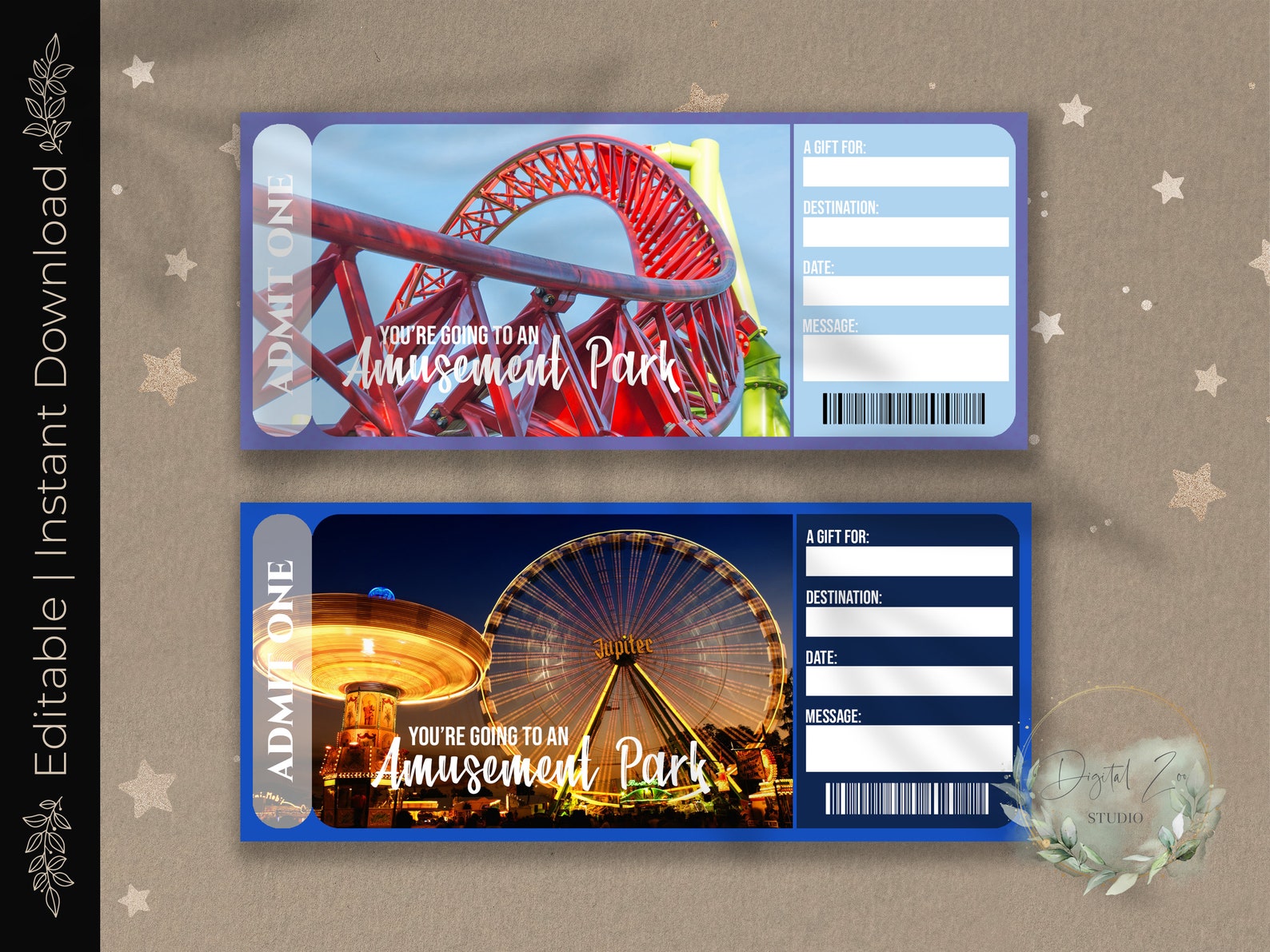 Printable AMUSEMENT PARK Surprise Reveal Ticket, Gift Voucher, Editable ...
