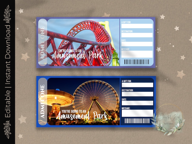 Printable AMUSEMENT PARK Surprise Reveal Ticket, Gift Voucher, Editable ...