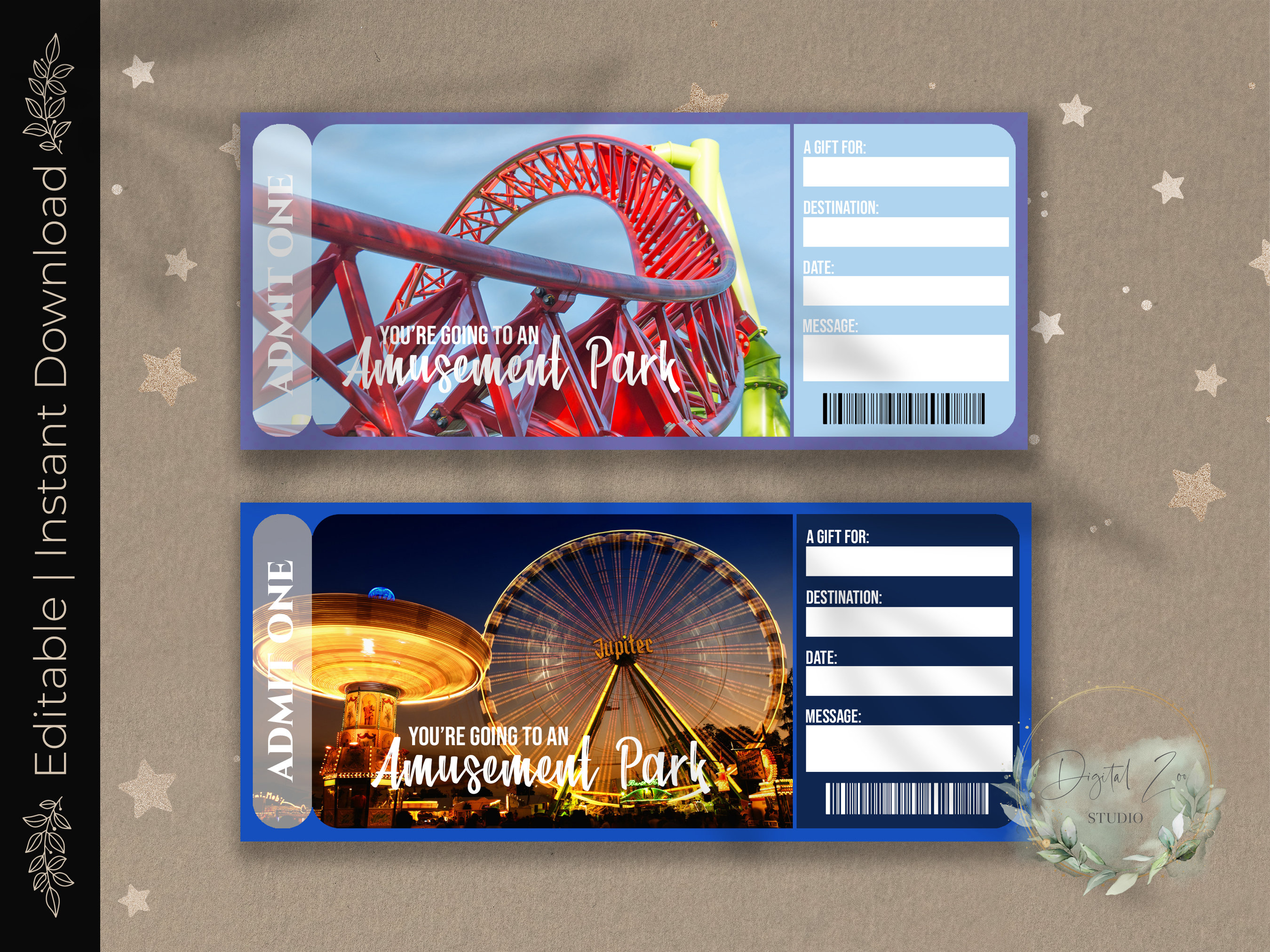 Printable AMUSEMENT PARK Surprise Reveal Ticket, Gift Voucher, Editable ...