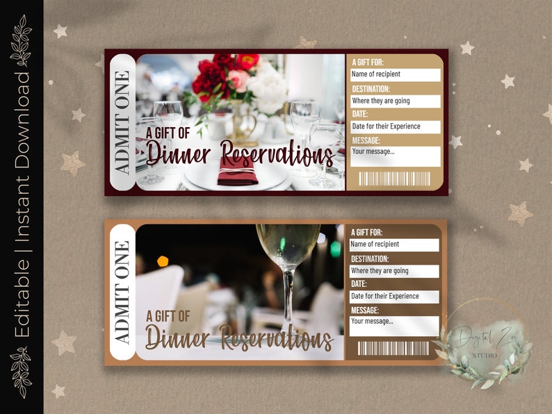 Printable DINNER RESERVATIONS Surprise Reveal Ticket, Gift Voucher ...