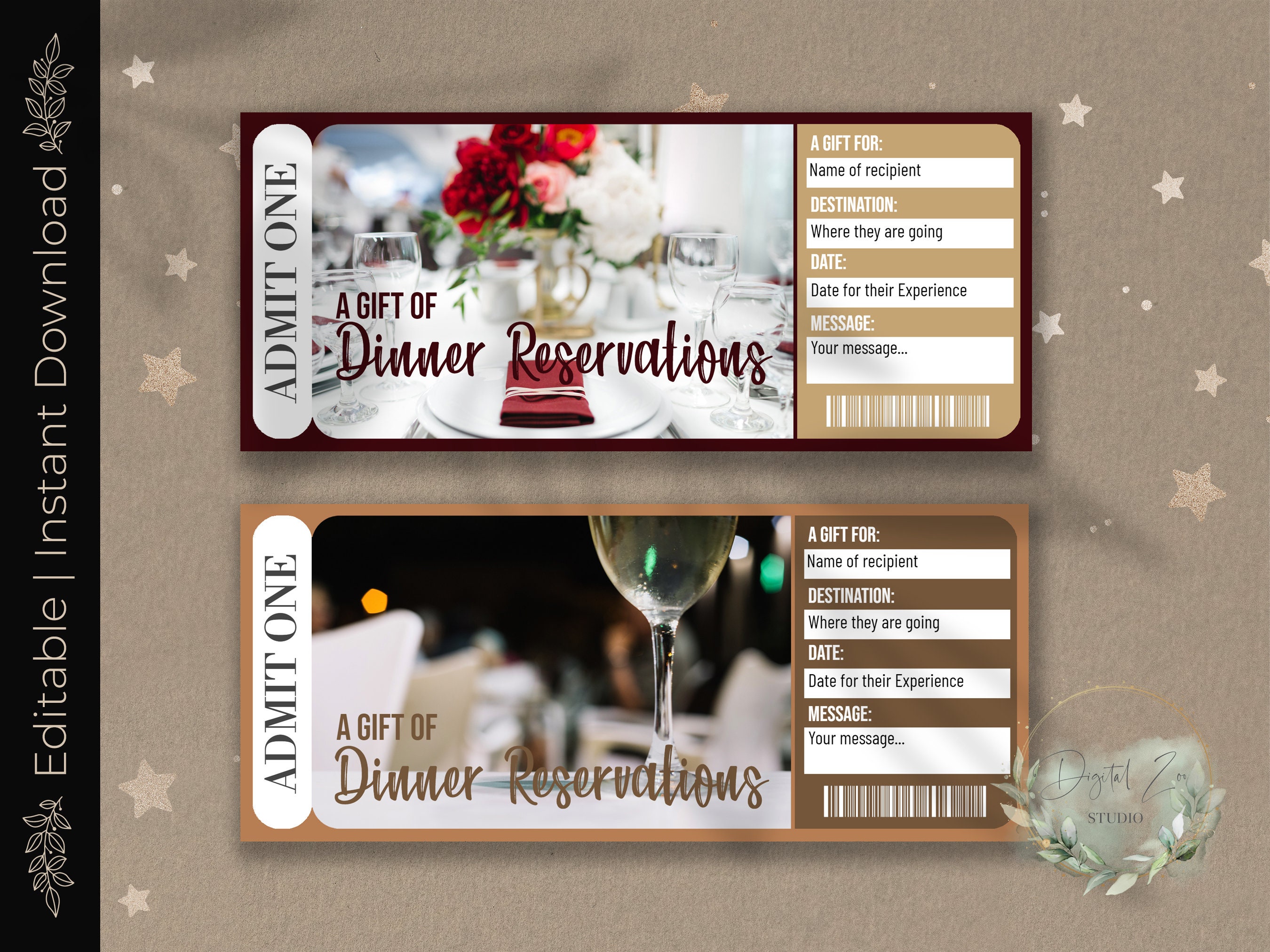 Printable DINNER RESERVATIONS Surprise Reveal Ticket, Gift Voucher ...