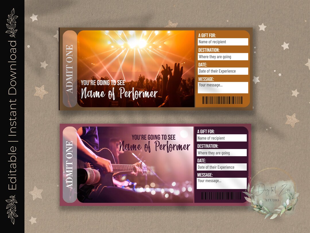 Printable CONCERT Surprise Reveal Ticket, Gift Voucher, Editable Event ...