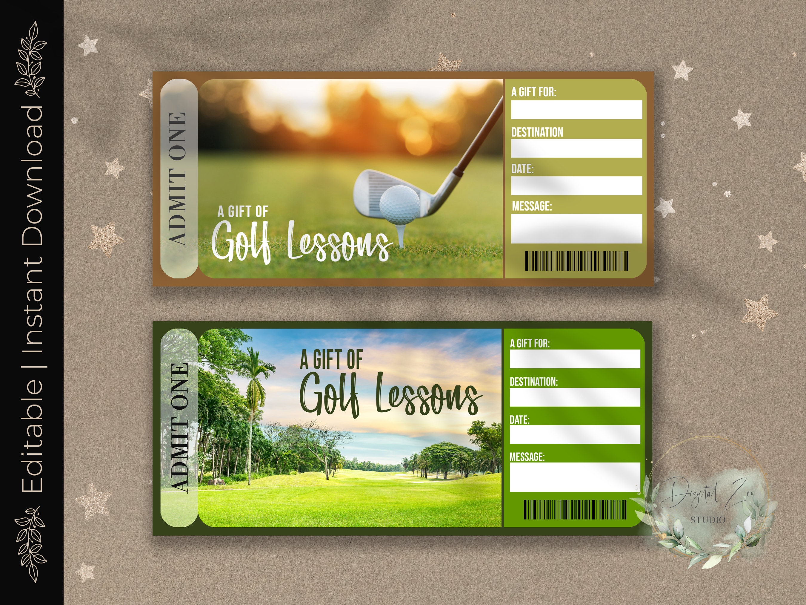 Printable GOLF LESSONS Surprise Reveal Ticket, Gift Voucher, Editable ...