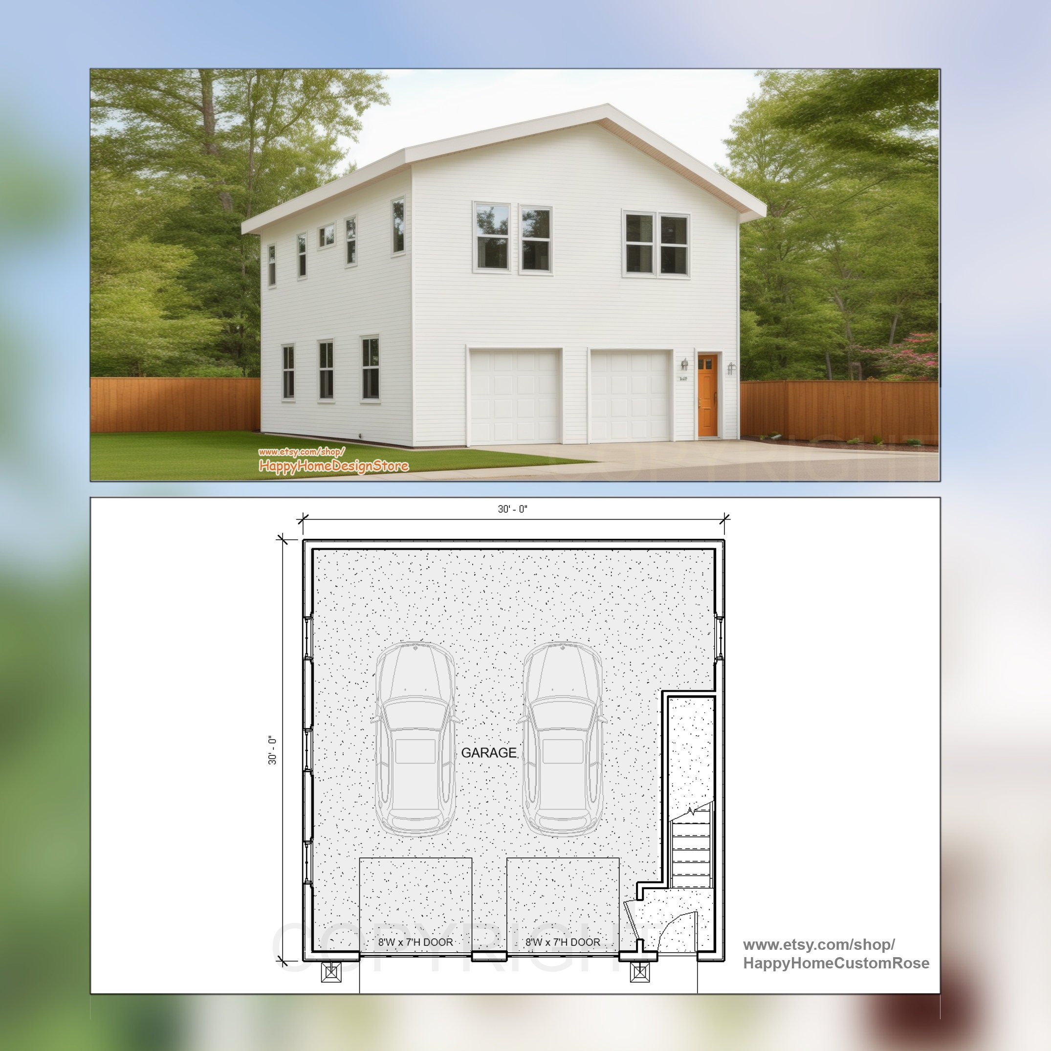 Two Car ADU Garage Apartment 30' X 30' - Architectural Plan With Elevations & Materials ...