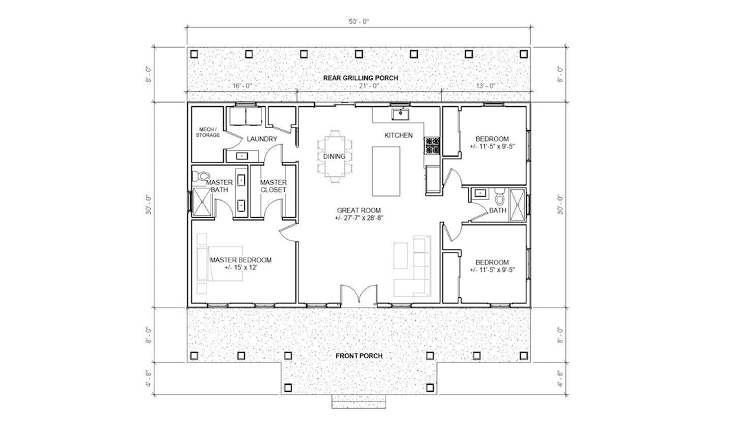 Spacious Open Plan House 3 Bed 2 Bath (50'x30') Custom House Plans and ...