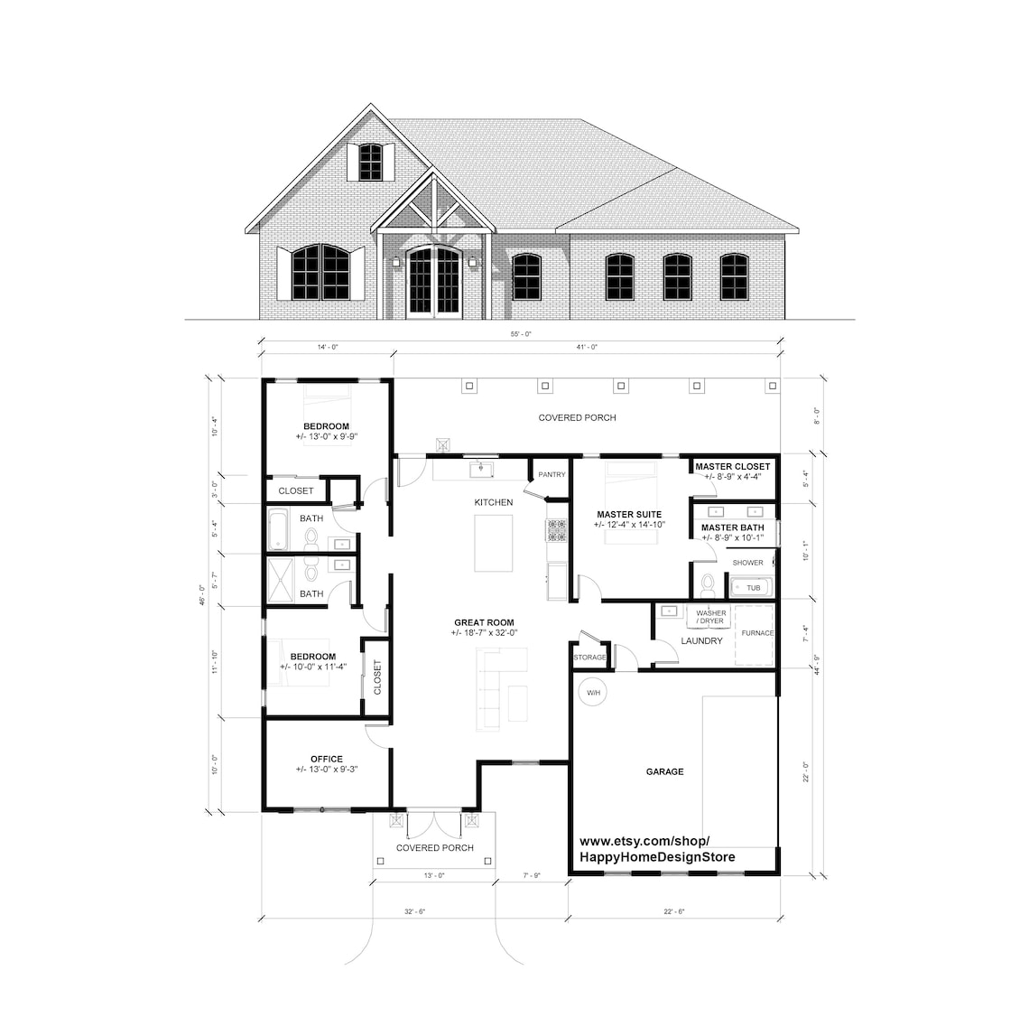 Affordable Brick Homestead 3 Bed 3 Bath (55' X 46') 1823 SF Custom ...