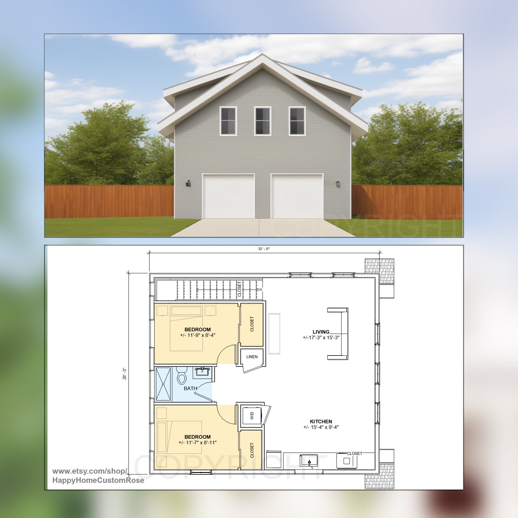 Two Car ADU Garage Apartment 28' X 32' - Architectural Plan With ...