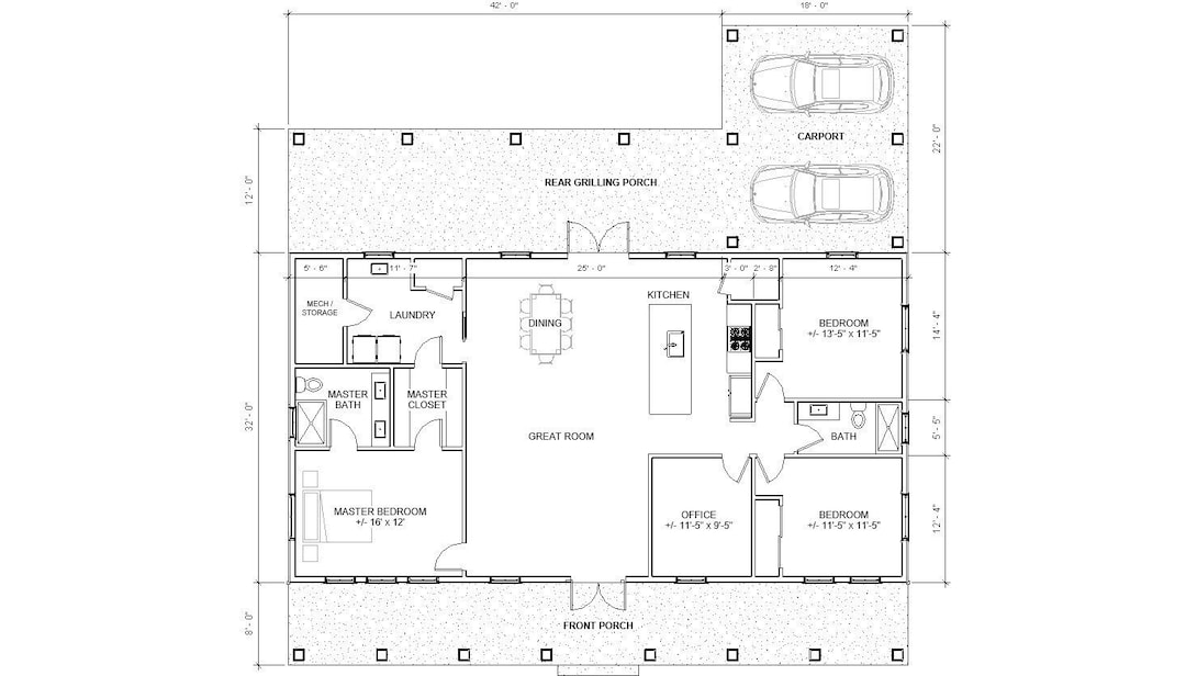 Spacious Open Plan House 3 Bed 2 Bath (60'x32') Custom House Plans and ...