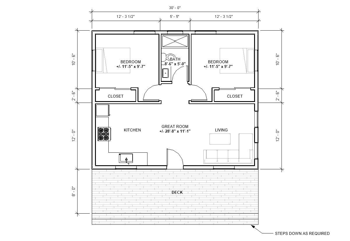ADU Tiny House Cabin 2 Bed 1 Bath (30'x25') 750SF Custom House Plans ...