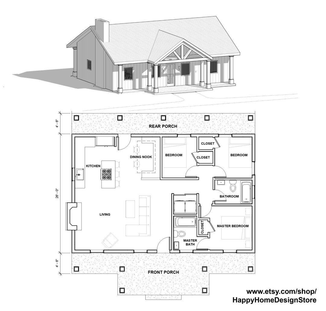 Cottage 3 Bed 2 Bath (40'x26') Custom House Plans and Blueprints - Etsy