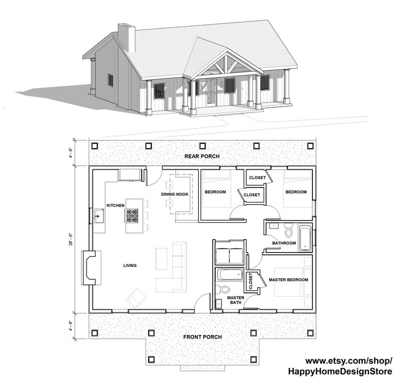 Cottage 3 Bed 2 Bath (40'x26') Custom House Plans and Blueprints - Etsy