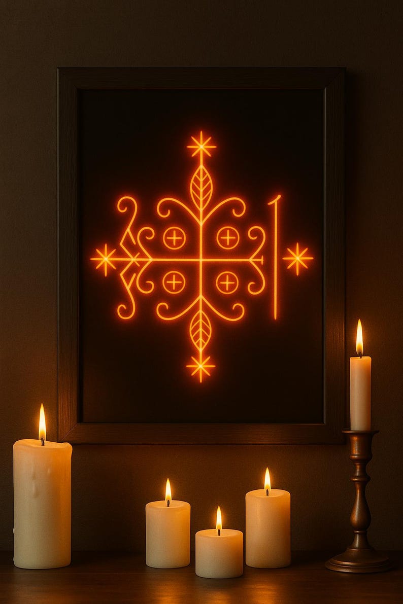 Papa Legba Glowing Veve Print – Vodou Spirit Symbol Art, Illuminated ...