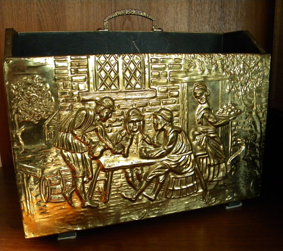 Vintage Brass Magazine Rack Holder English Hammered Pub Scene - Etsy
