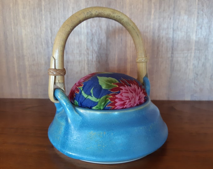 Pin Cushion Artisan Pottery Sewer Pin Holder Bamboo Handle Sewing ...