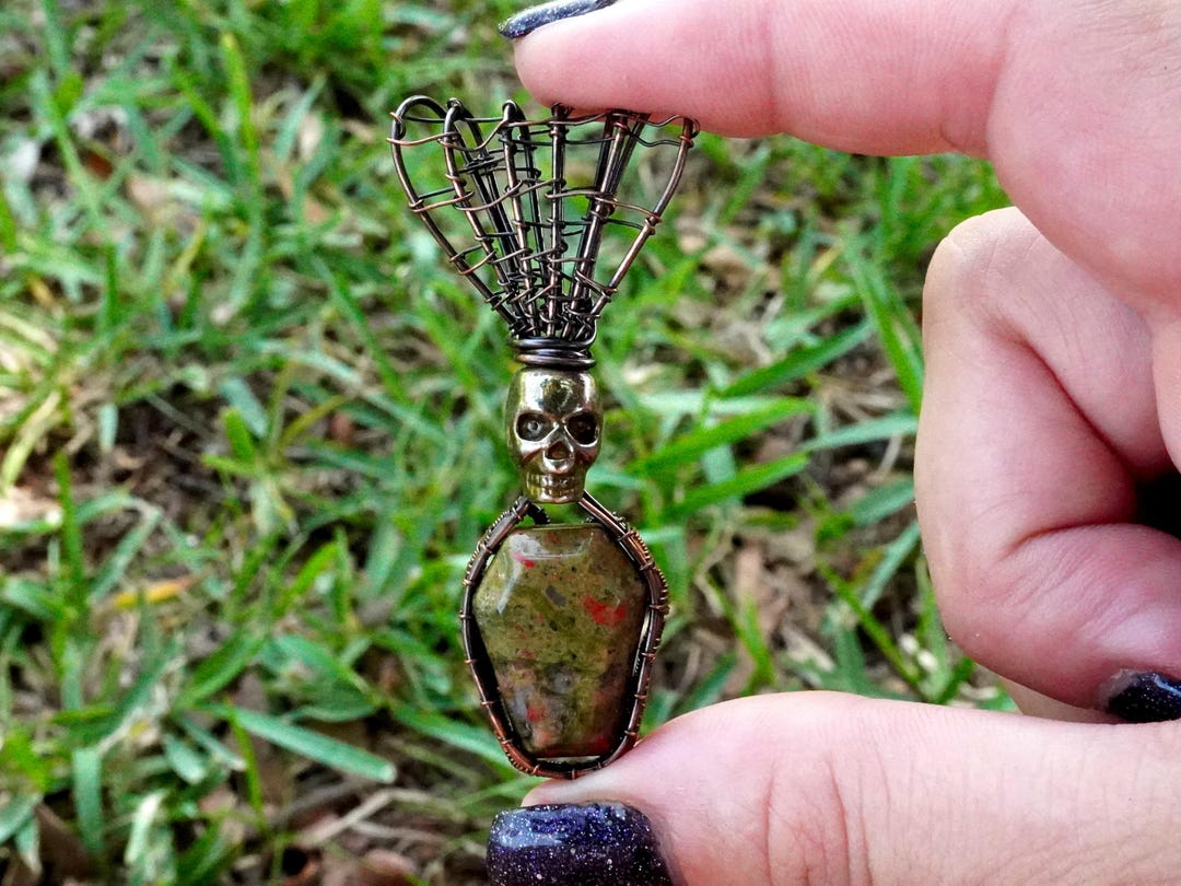 Unakite Oxidized Wire Wrap, Skull Coffin Copper Necklace, Pendant ...