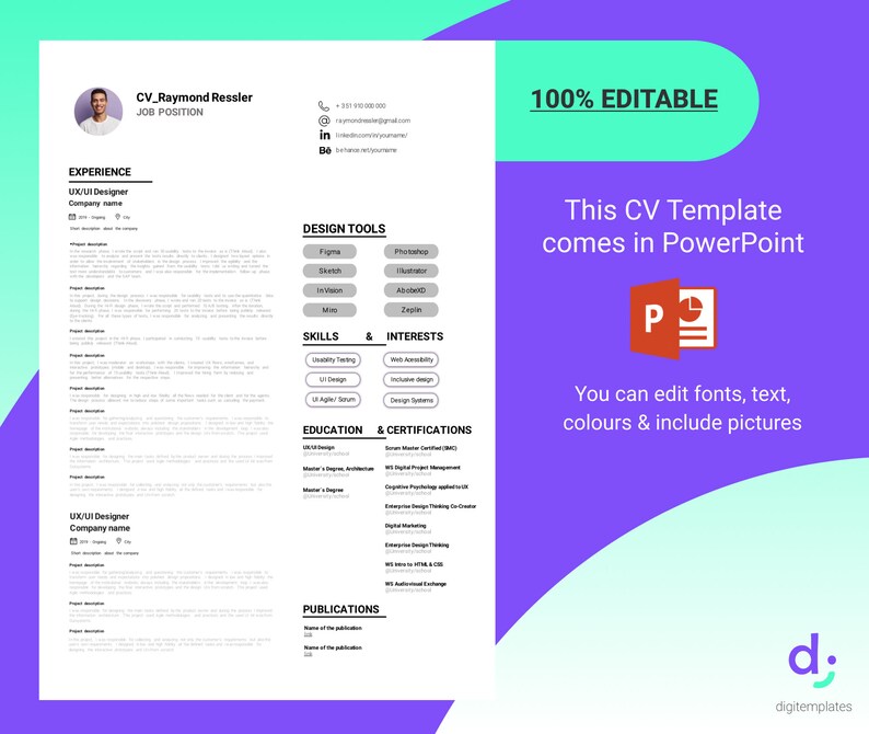 Powerpoint Resume Template + Free Cover Letter + References - Etsy