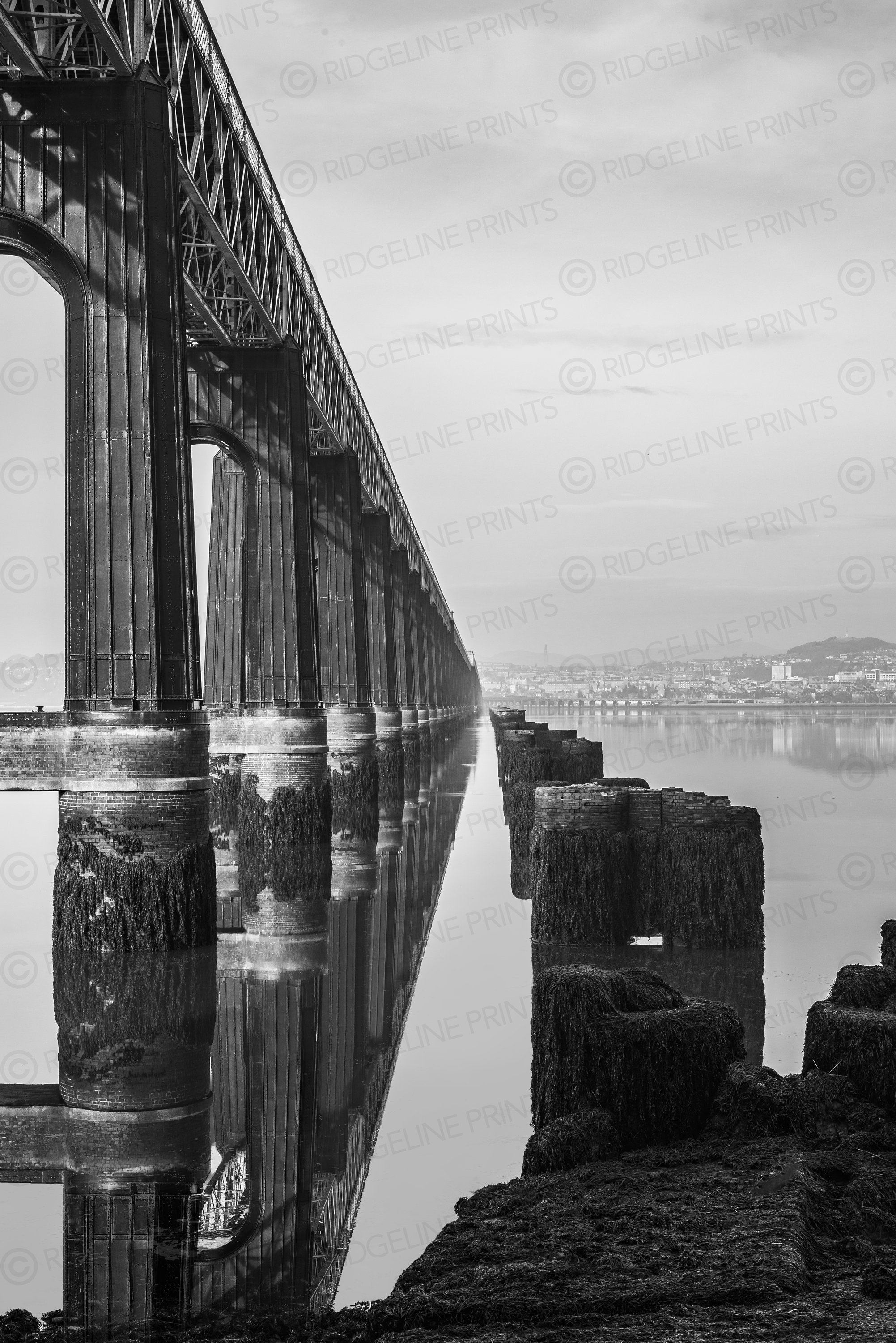 Tay Rail Bridge With Dundee Mirrored Over the Tay - Scotland - Fife ...