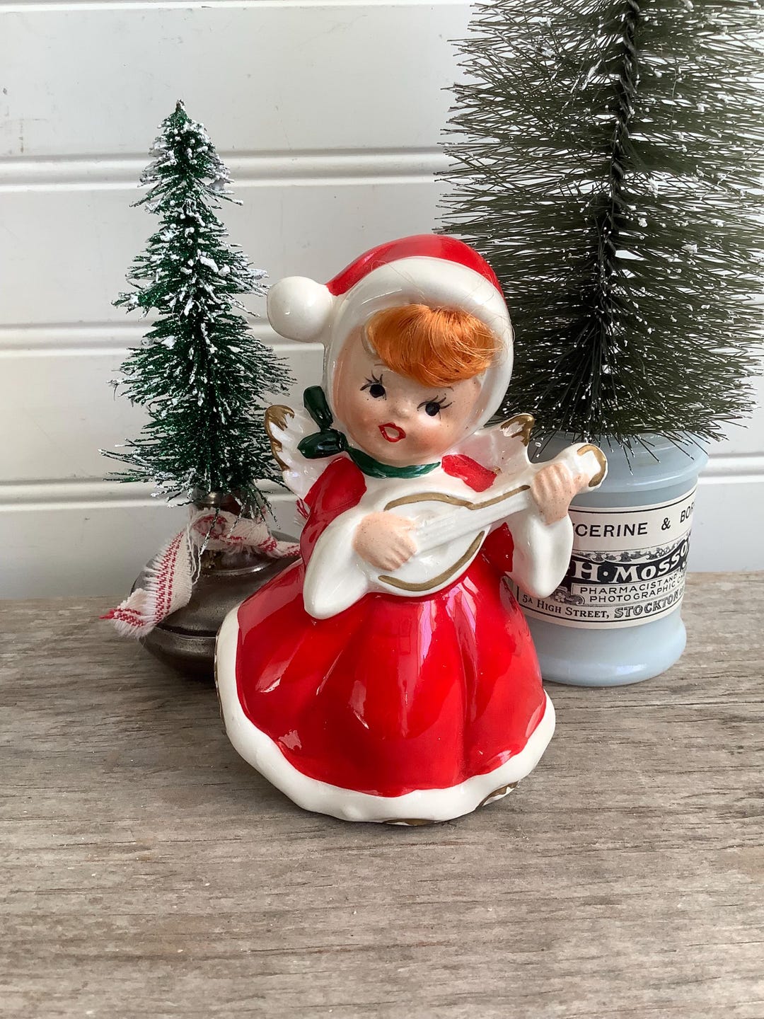 Nanco Japan Ceramic Angel Figurine Playing Musical Instrument Red Hair ...