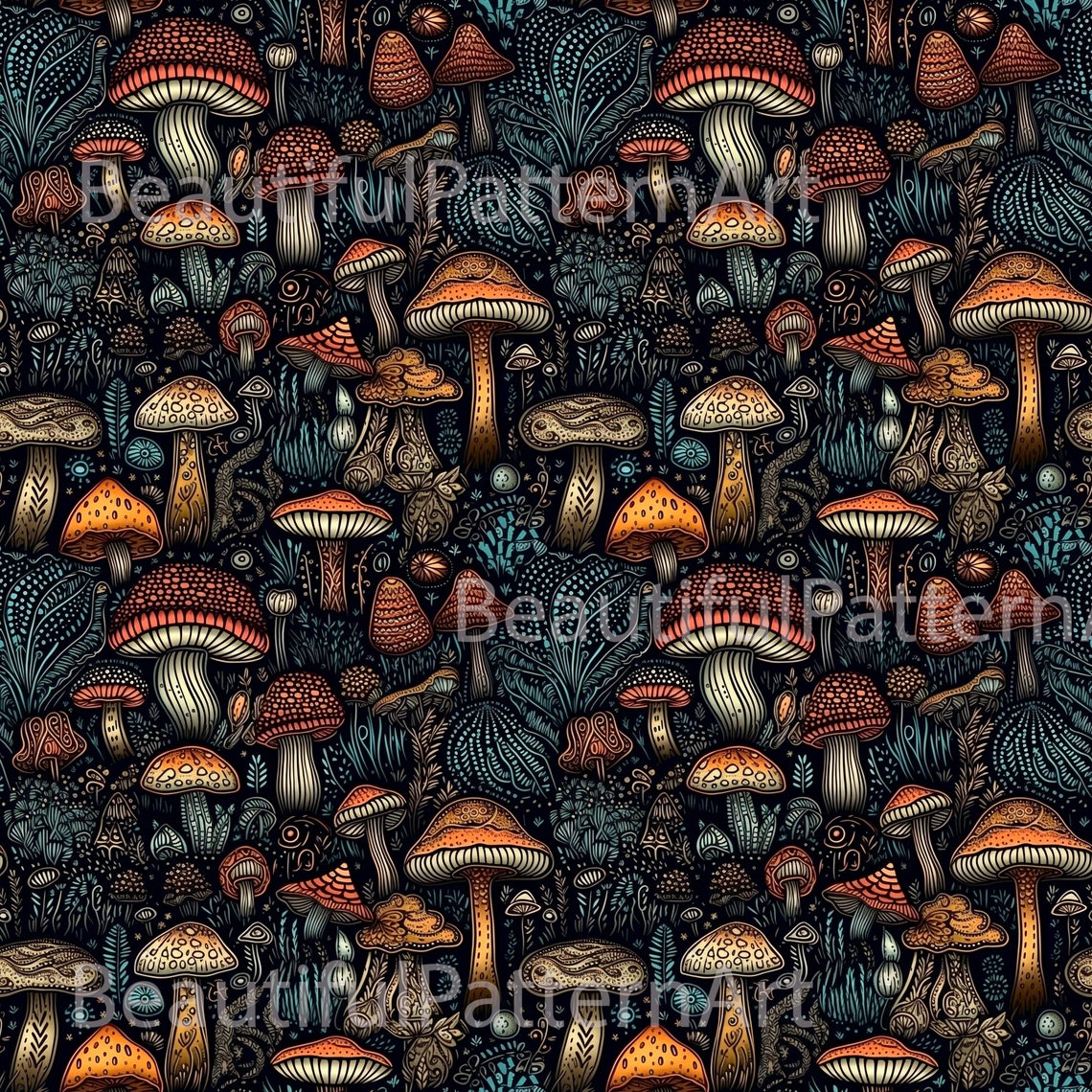 Mushroom Seamless Pattern. Seamless Fabric Print, Full Commercial Use ...