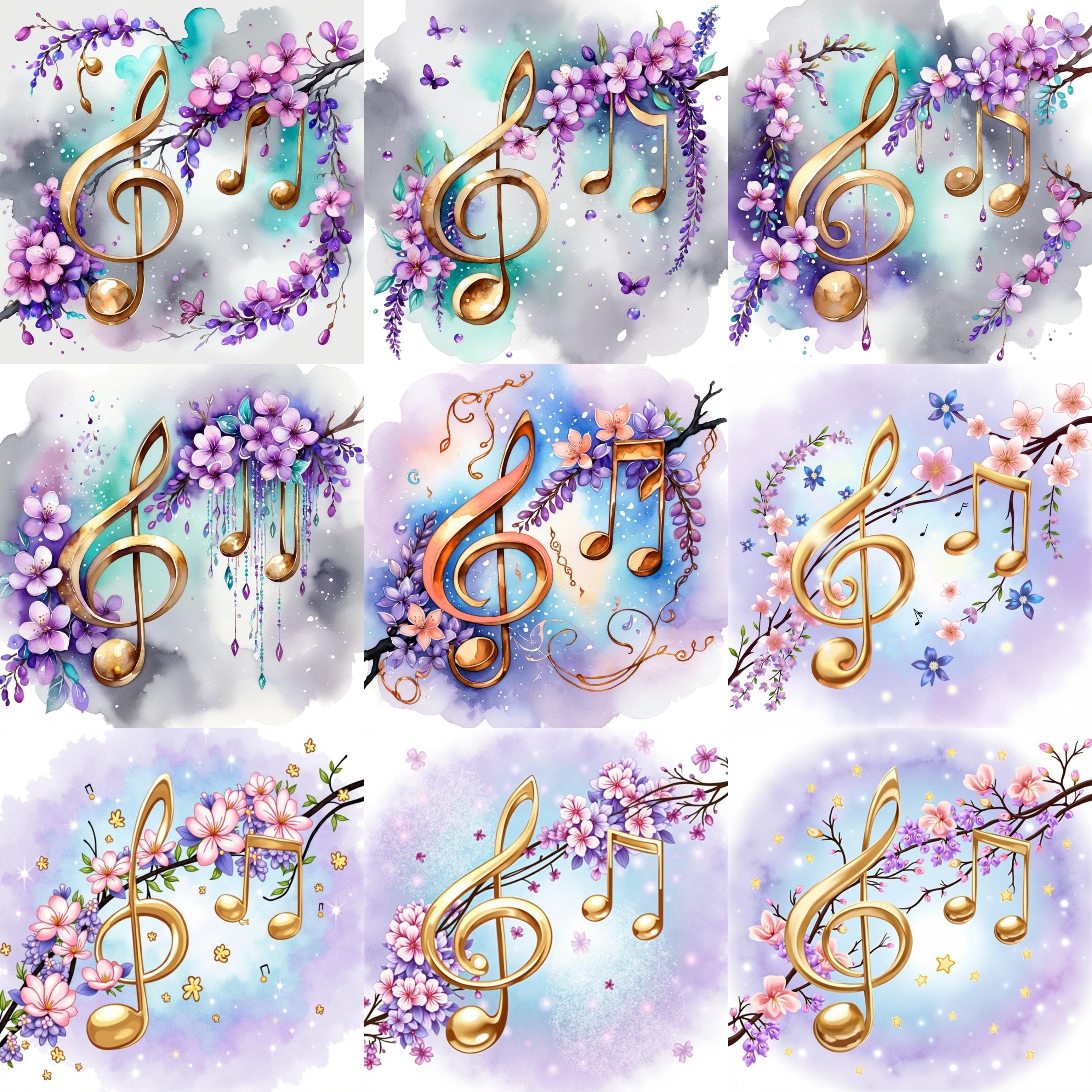 12 Watercolor Music Notes Flowers Clip Art. High Quality Musical ...