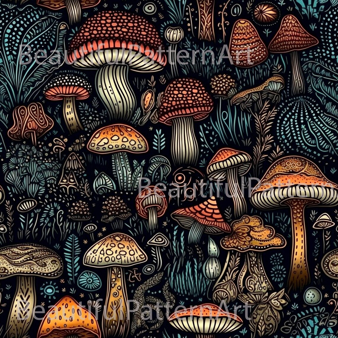 Mushroom Seamless Pattern. Seamless Fabric Print, Full Commercial Use ...