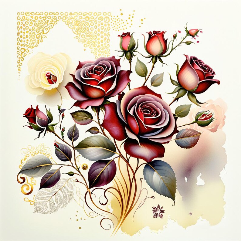 12 Watercolor Clip Art of Red Gold Roses. High Quality Printable Jpgs ...