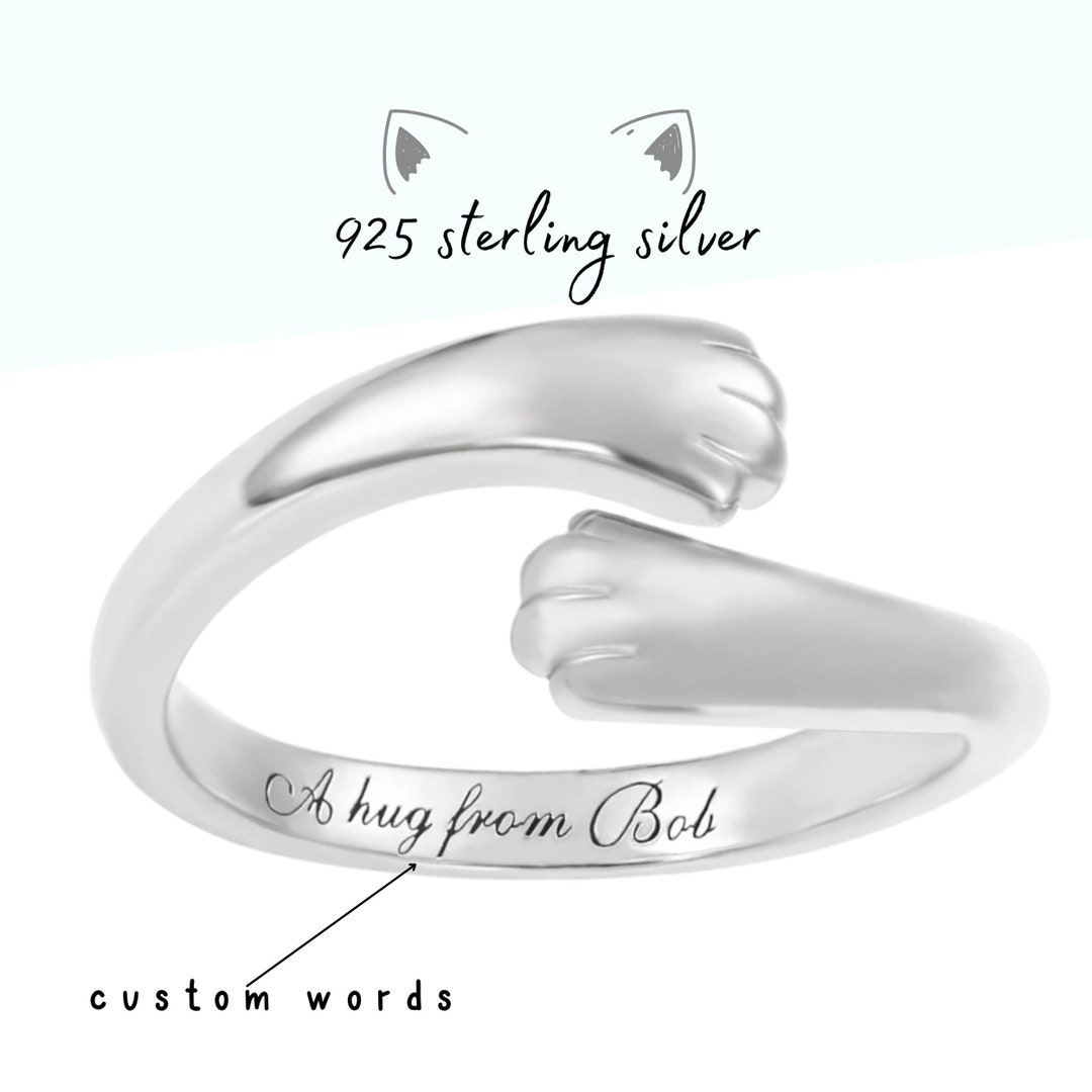 Personalized Silver Cat Paw Hug Ring-engraved Custom Message, Name ...