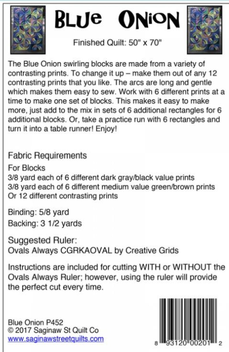 Blue Onion Quilt Pattern by Saginaw St - Approx 50" X 70" Finished Size ...