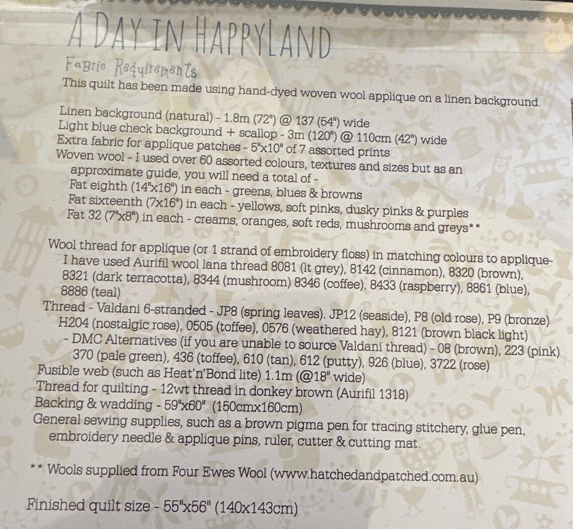 A Day in Happyland Quilt Pattern: Wool Applique Stitchery (55" X 56 ...