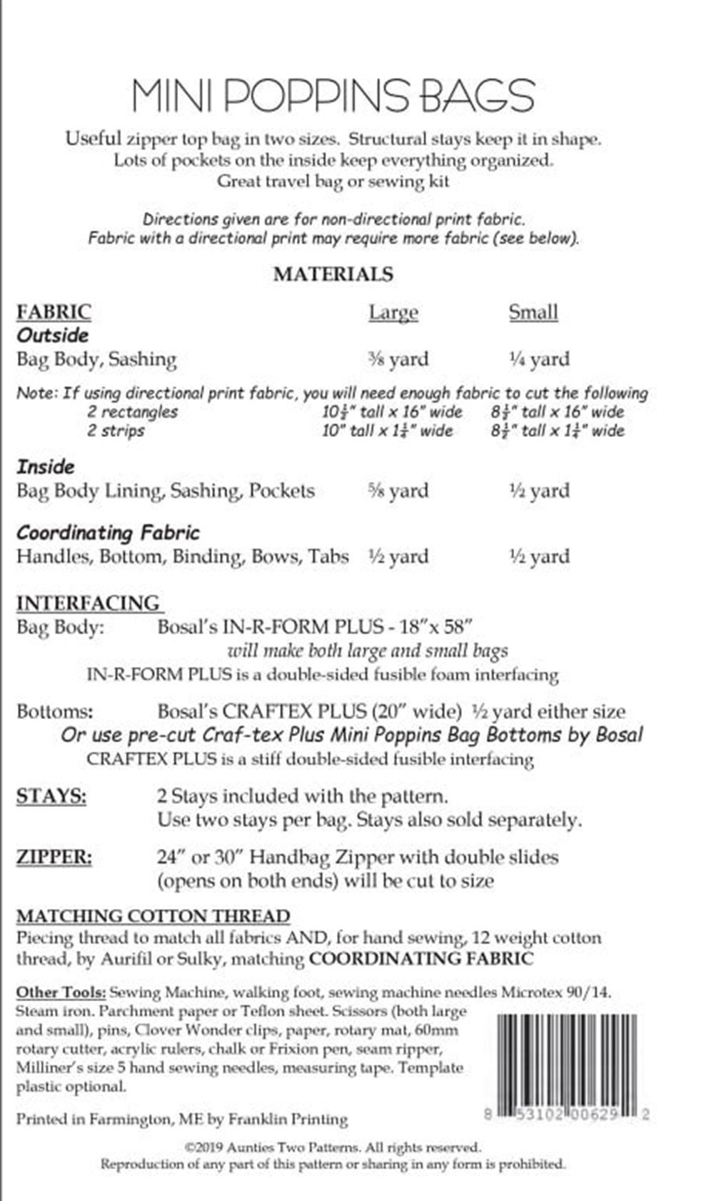 Mini Poppins Bags by Aunties Two Patterns, Designer Carol Mcleod ...