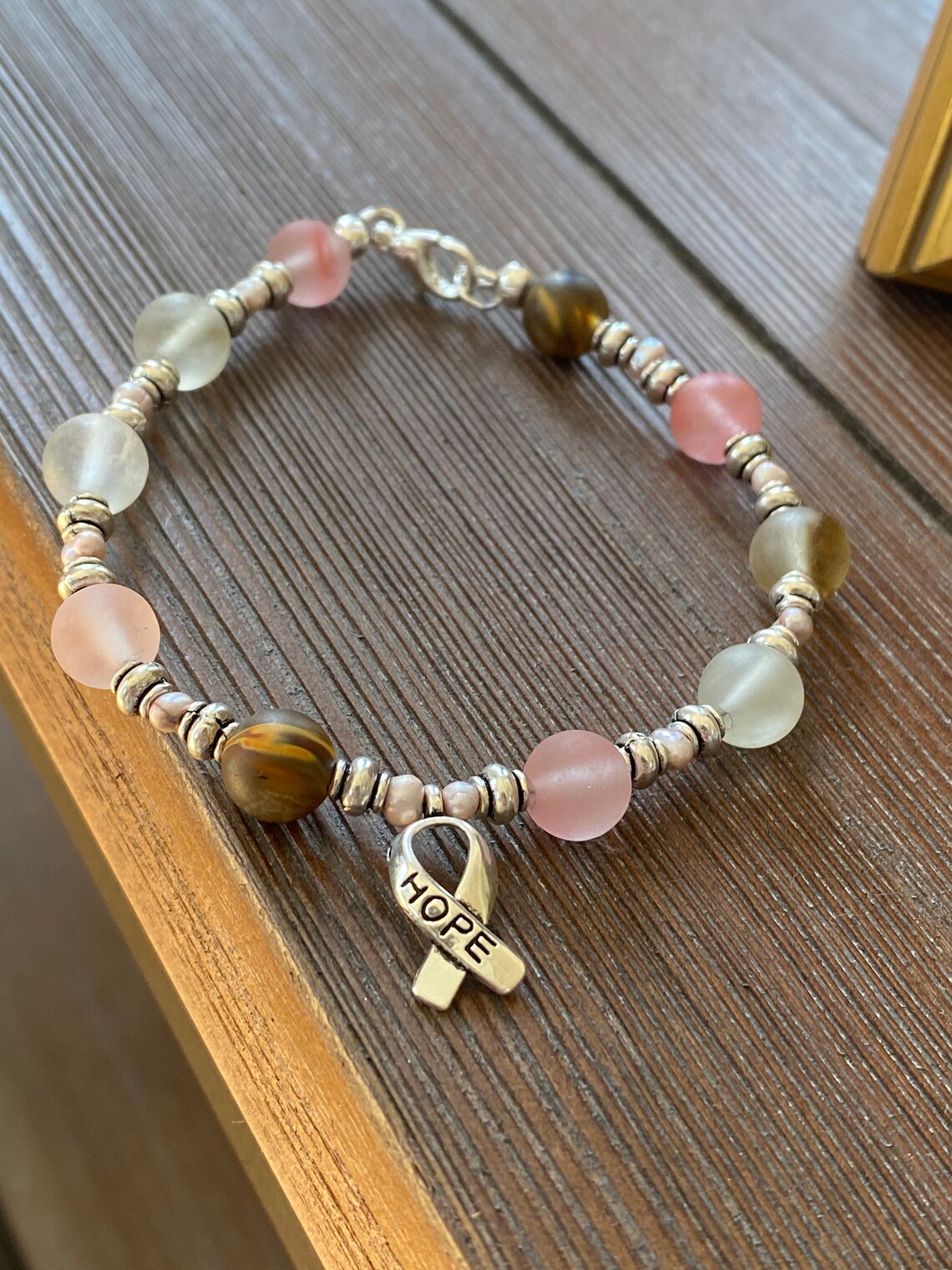 Breast Cancer Awareness Charm Bracelet Beaded Hope Charm - Etsy