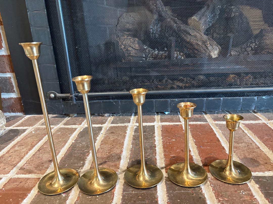 Stunning 5 Vintage Brass Tapered Skinny Candlestick Holders 9-7-6-5-4 ...