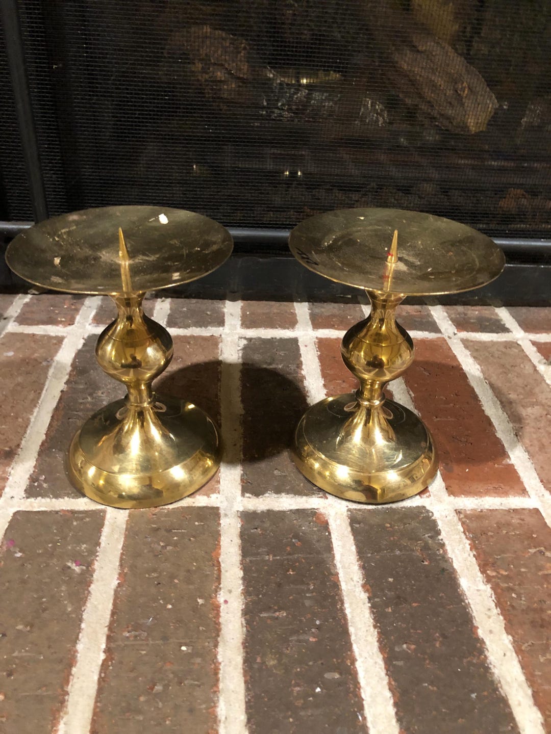 Stunning Pair of Vintage Gold Brass Spike Pillar Candle Holders 6 Tall ...