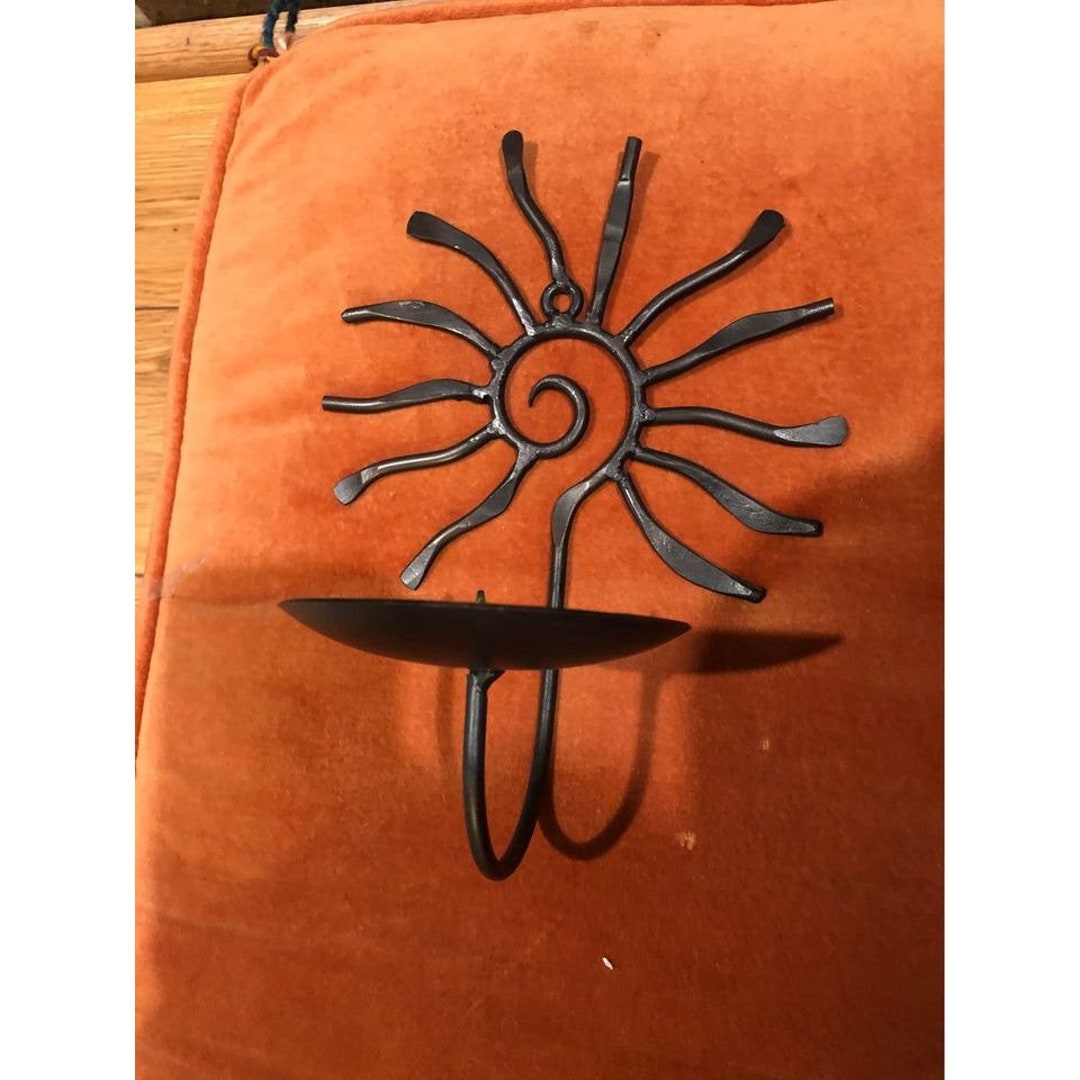 Vintage Black Metal Sunburst Spike Pillar Candle Holder Wall Decoration ...
