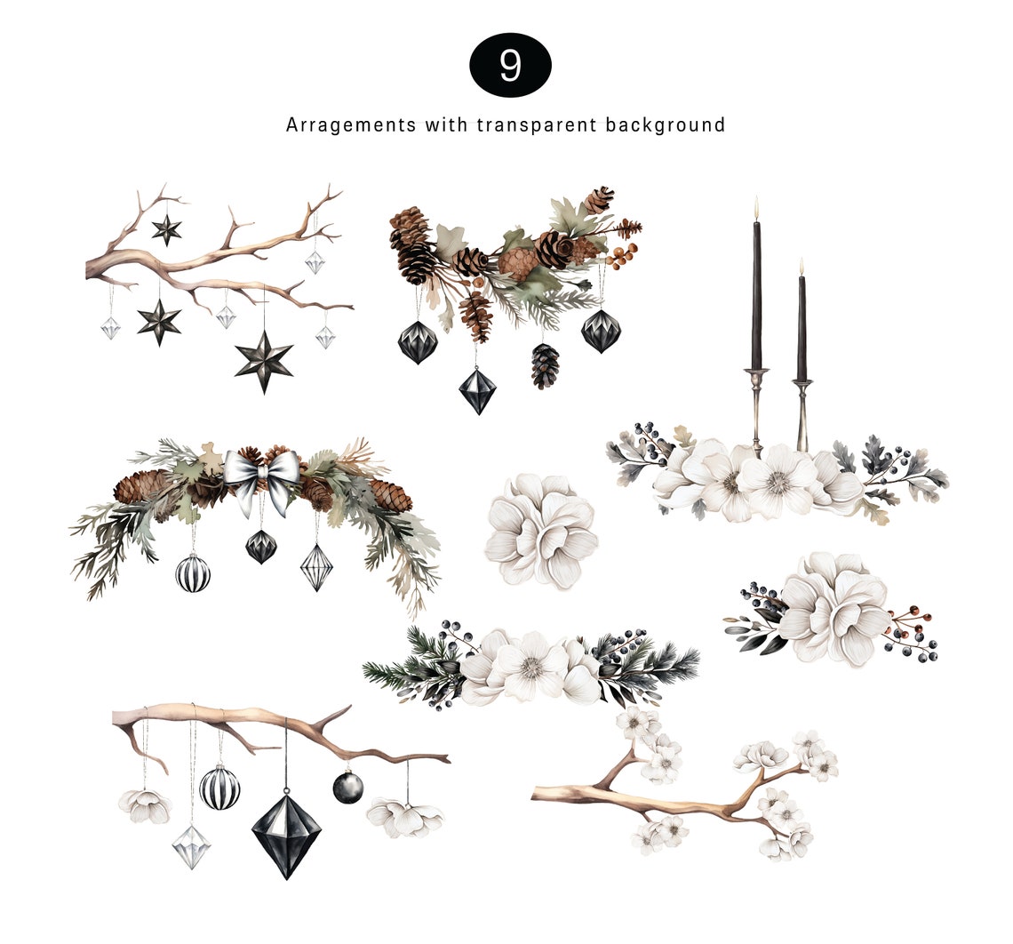Elegant Black Christmas Watercolor Clipart, Moody Christmas, Black ...
