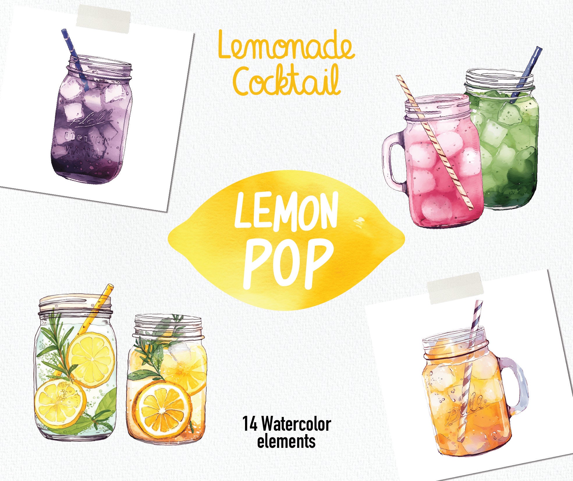 Smoothie and Lemonade in Jar Clipart Set, Watercolor Juice Illustration ...