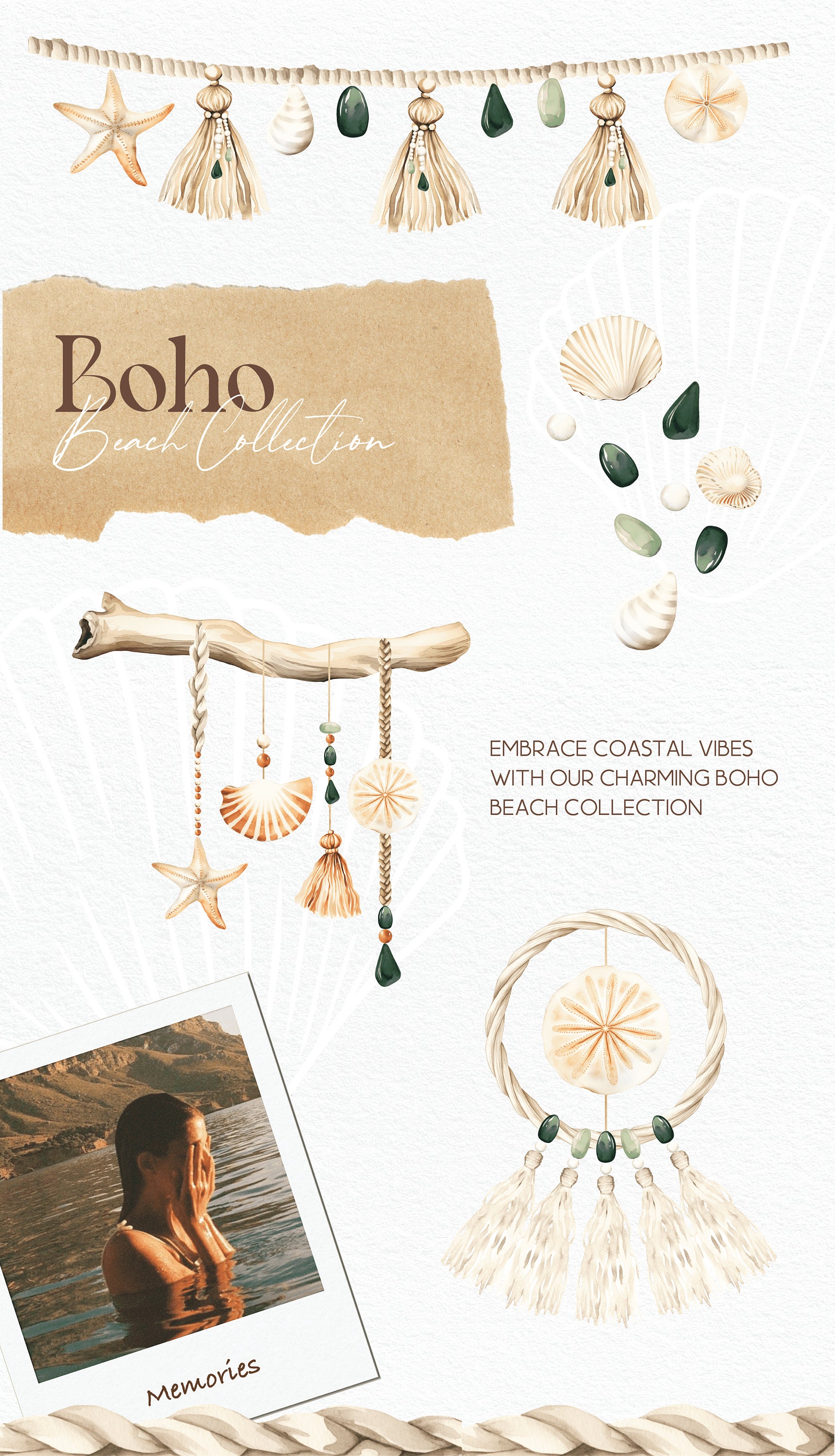 Boho Seaside Ocean Digital Clipart Set Coastal Shell Designs, Boho ...
