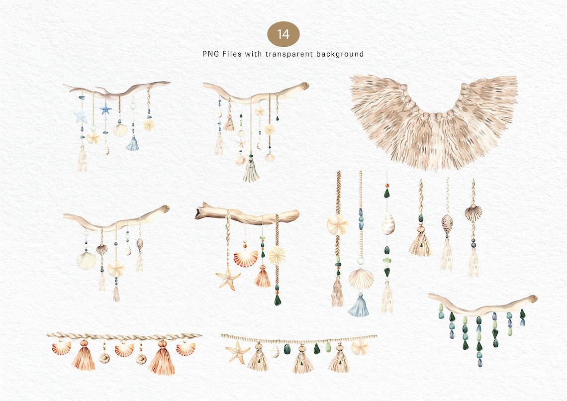 Boho Seaside Ocean Digital Clipart Set Coastal Shell Mobile Design ...
