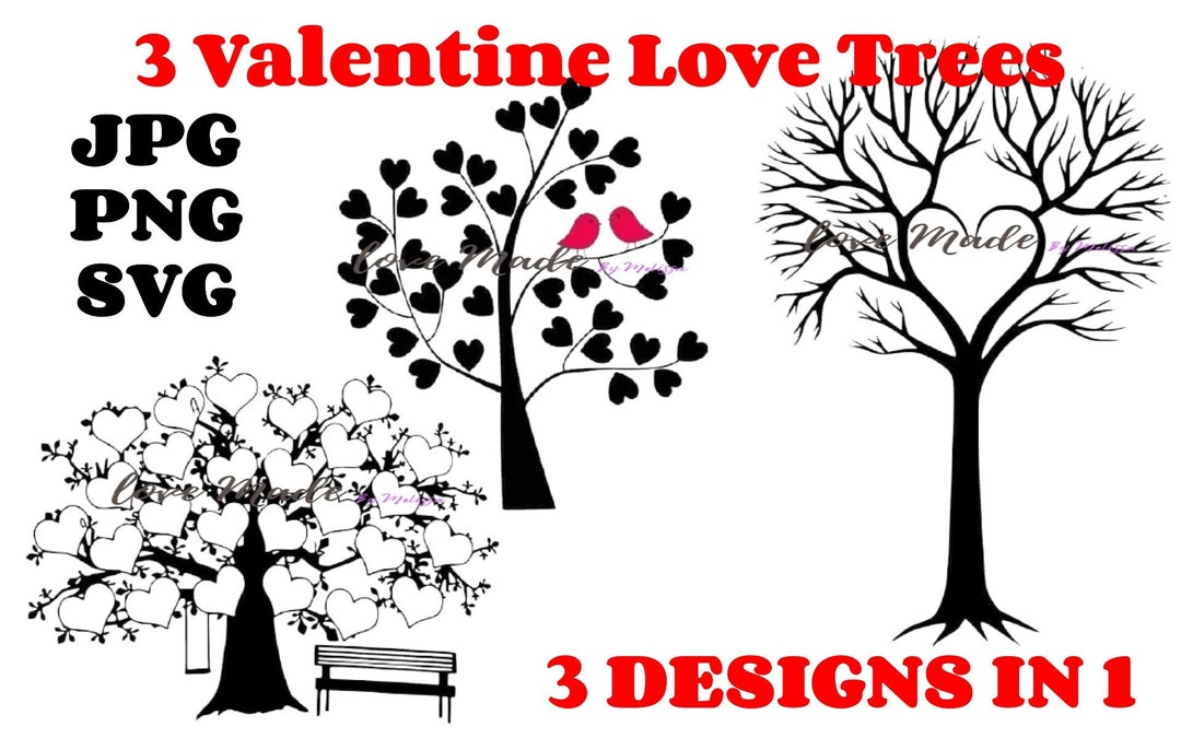 Valentine Love Clip Art Trees PNG JPG SVG Hearts Birds Tree Designing ...