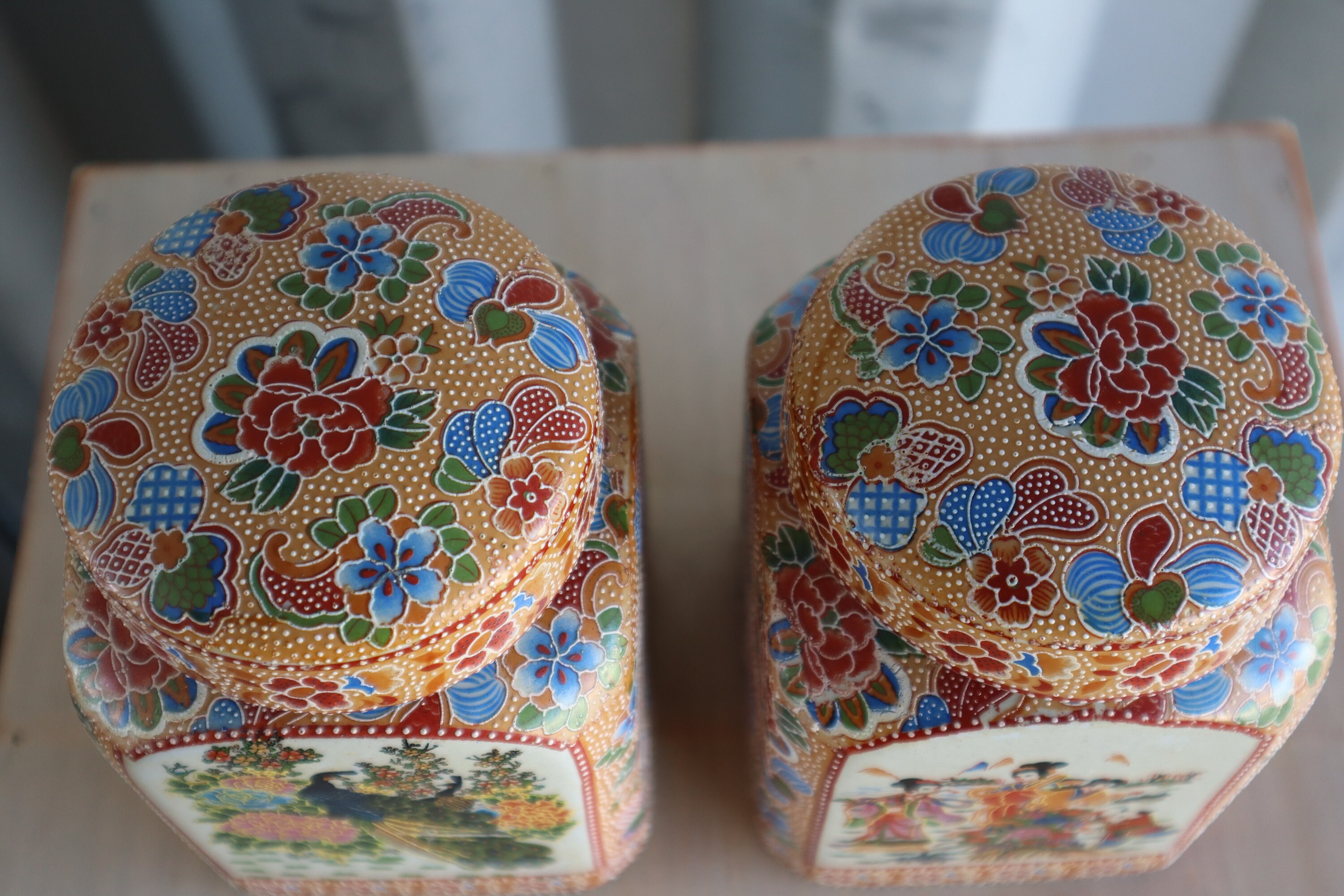 Vintage Ceramic Japanese Chinoiserie Tea/ Ginger Jars, Squared Shape ...