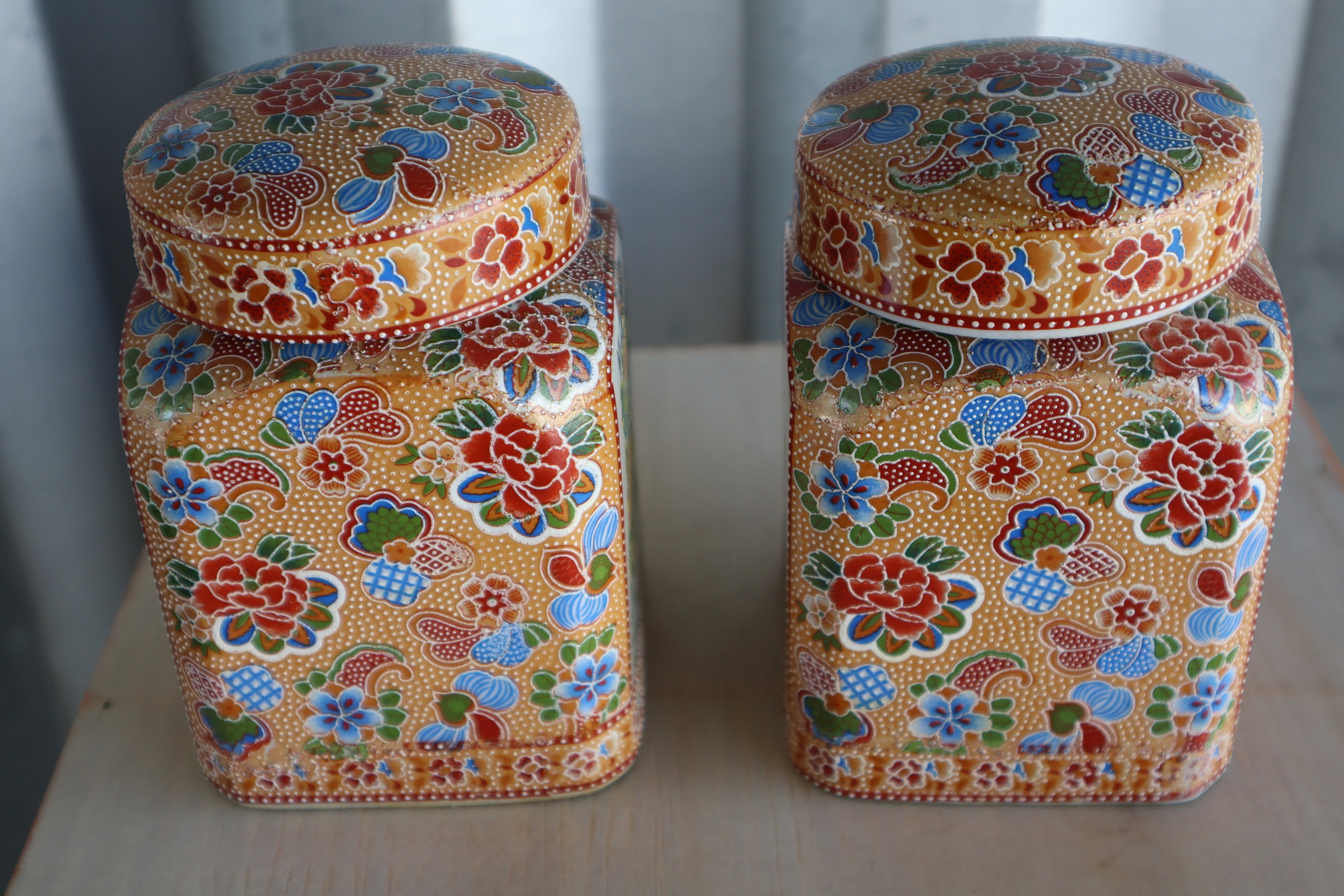 Vintage Ceramic Japanese Chinoiserie Tea/ Ginger Jars, Squared Shape ...