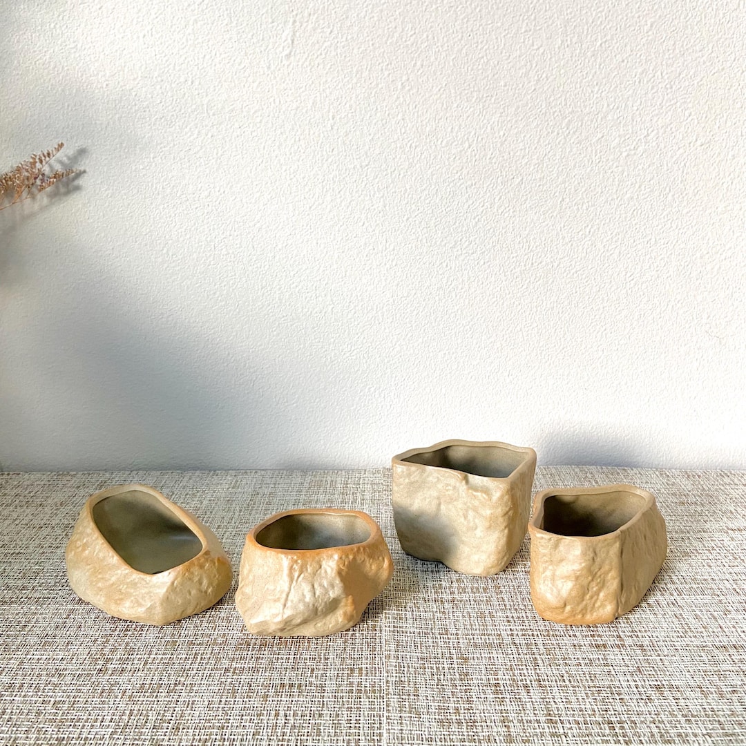 Natural Rock-textured Small Planters | Set of 4 Ceramic Pots With ...