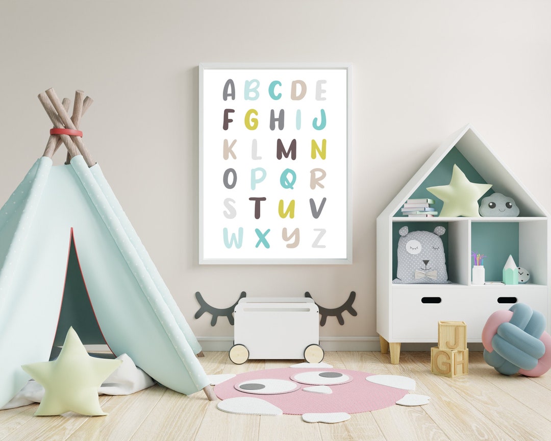 DIGITAL DOWNLOAD Neutral Teal Alphabet Poster Printable Wall Art ABC ...