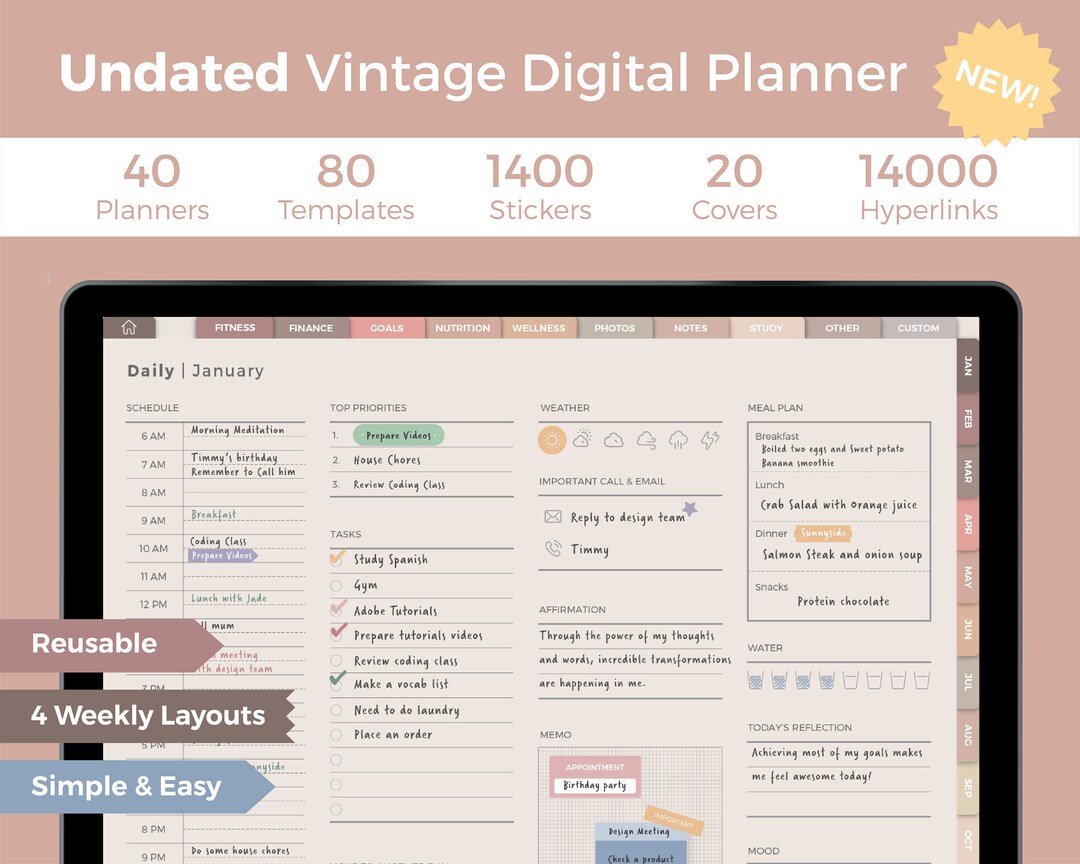 Undated Vintage Digital Planner, Goodnotes iPad Paper, Notability ...