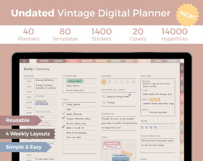 Undated Vintage Digital Planner, Goodnotes iPad Paper, Notability ...