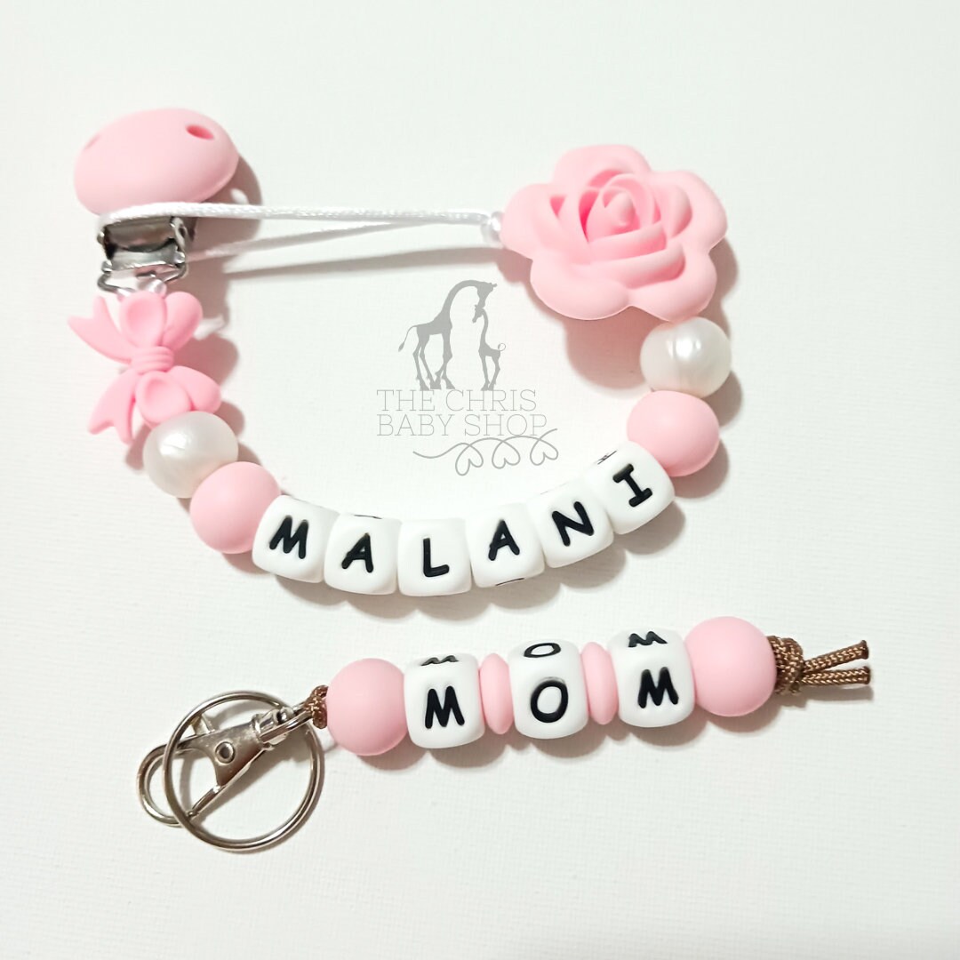 Flower Rose Pacifier Clip Holder & Mom Keychain Set, Personalized Name ...