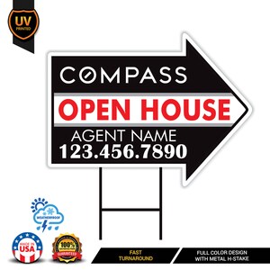 COMPASS Open House Arrow Shaped Yard Signs 18" X 24", 2 Sided Coroplast ...