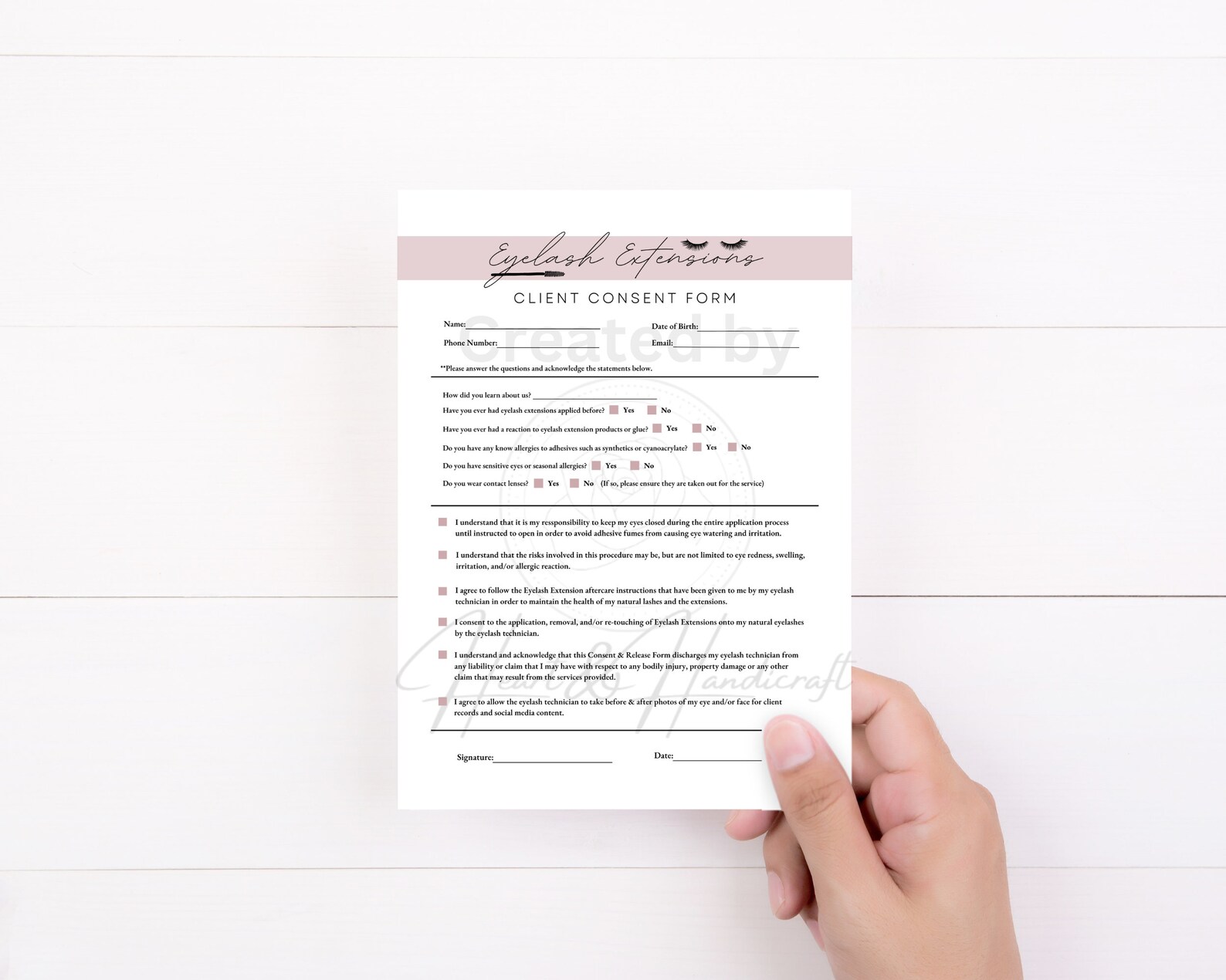 Eyelash Extension Consent Form / Client Consultation Intake Form for ...