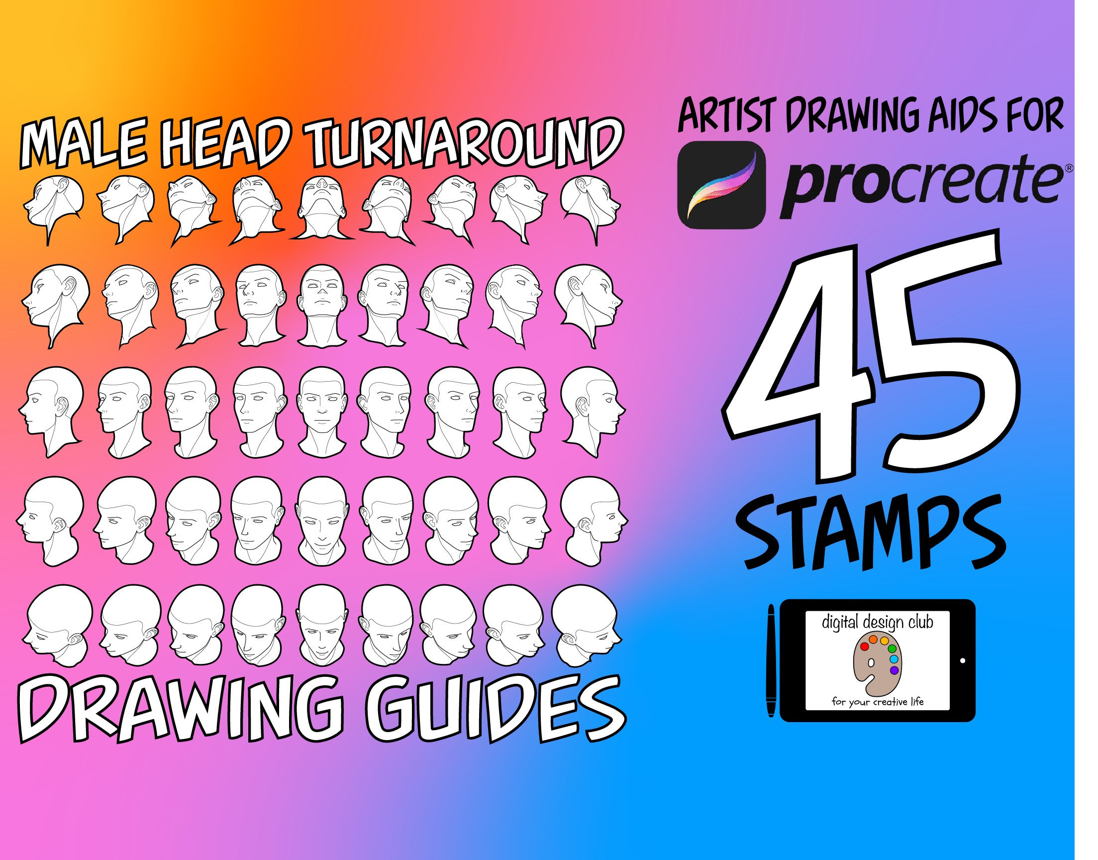 Male Head Base Anime Manga Style Comic Head Turn Around Artist Drawing ...