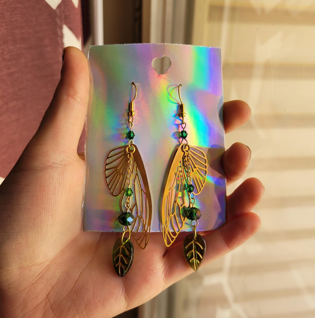 Green and Gold Fairy Wing Fairycore Elf Earrings - Etsy